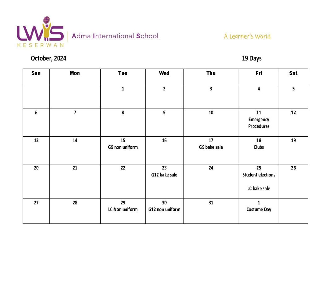 Monthly Calendar - LWIS-AiS