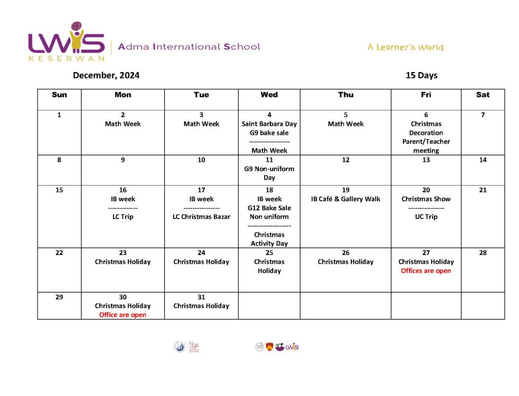 Monthly Calendar - LWIS - Adma International School