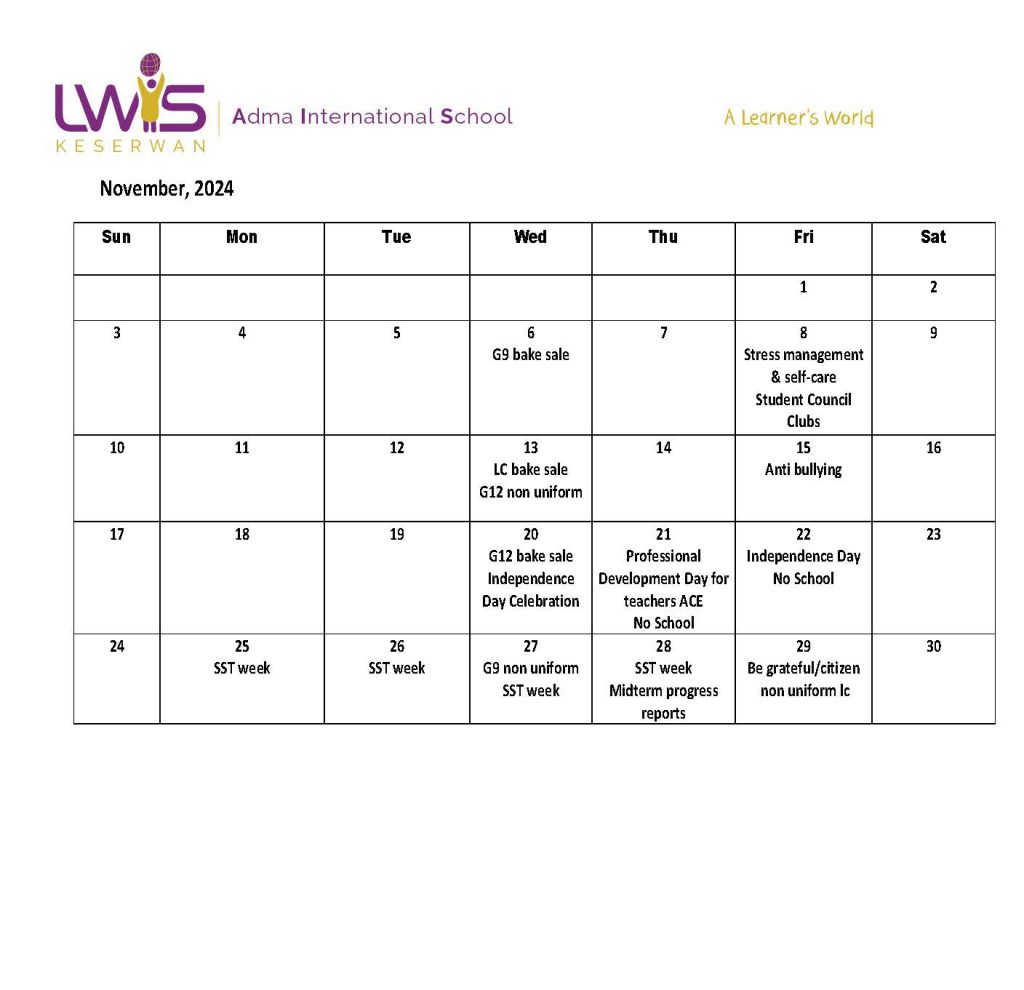Monthly Calendar - LWIS-AiS