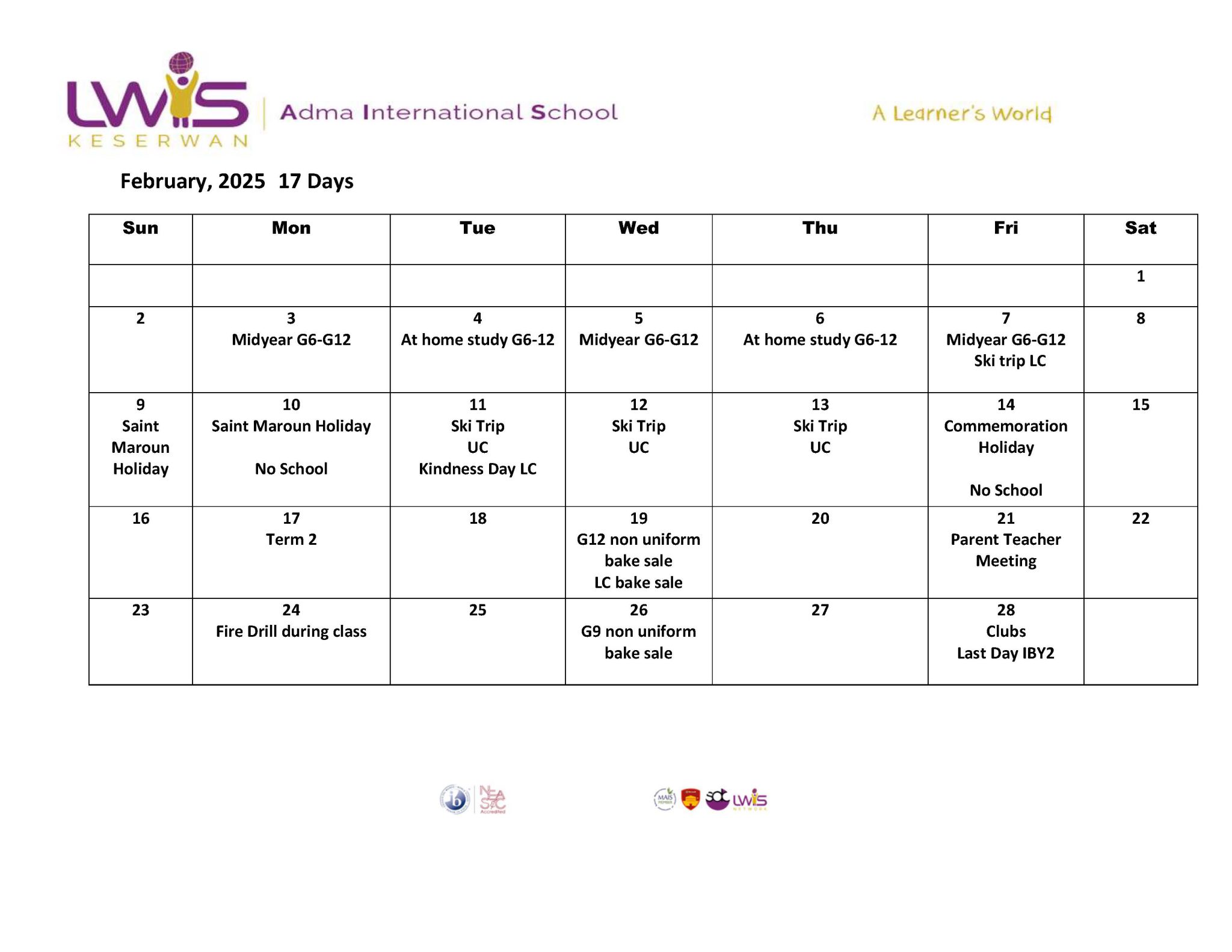 Monthly Calendar - LWIS - Adma International School