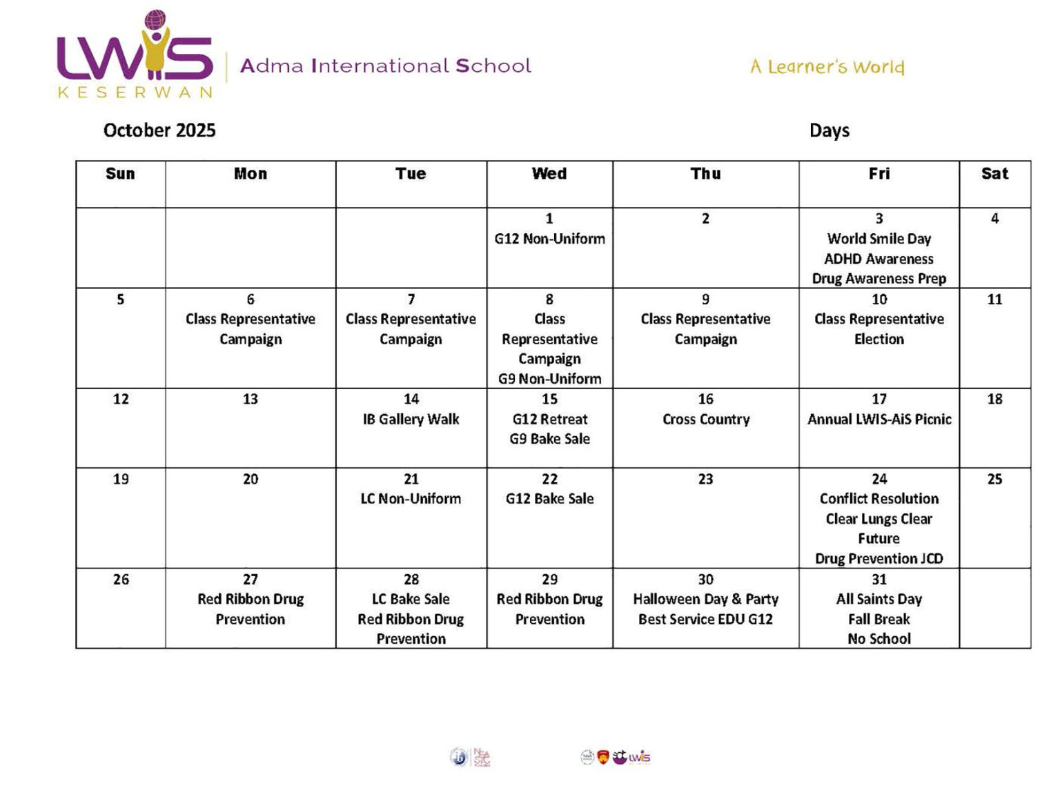 Monthly Calendar - LWIS-AiS