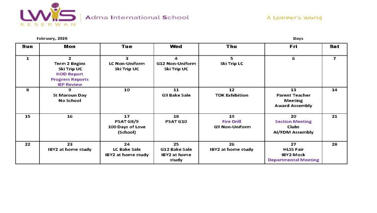 Monthly Calendar - LWIS-AiS