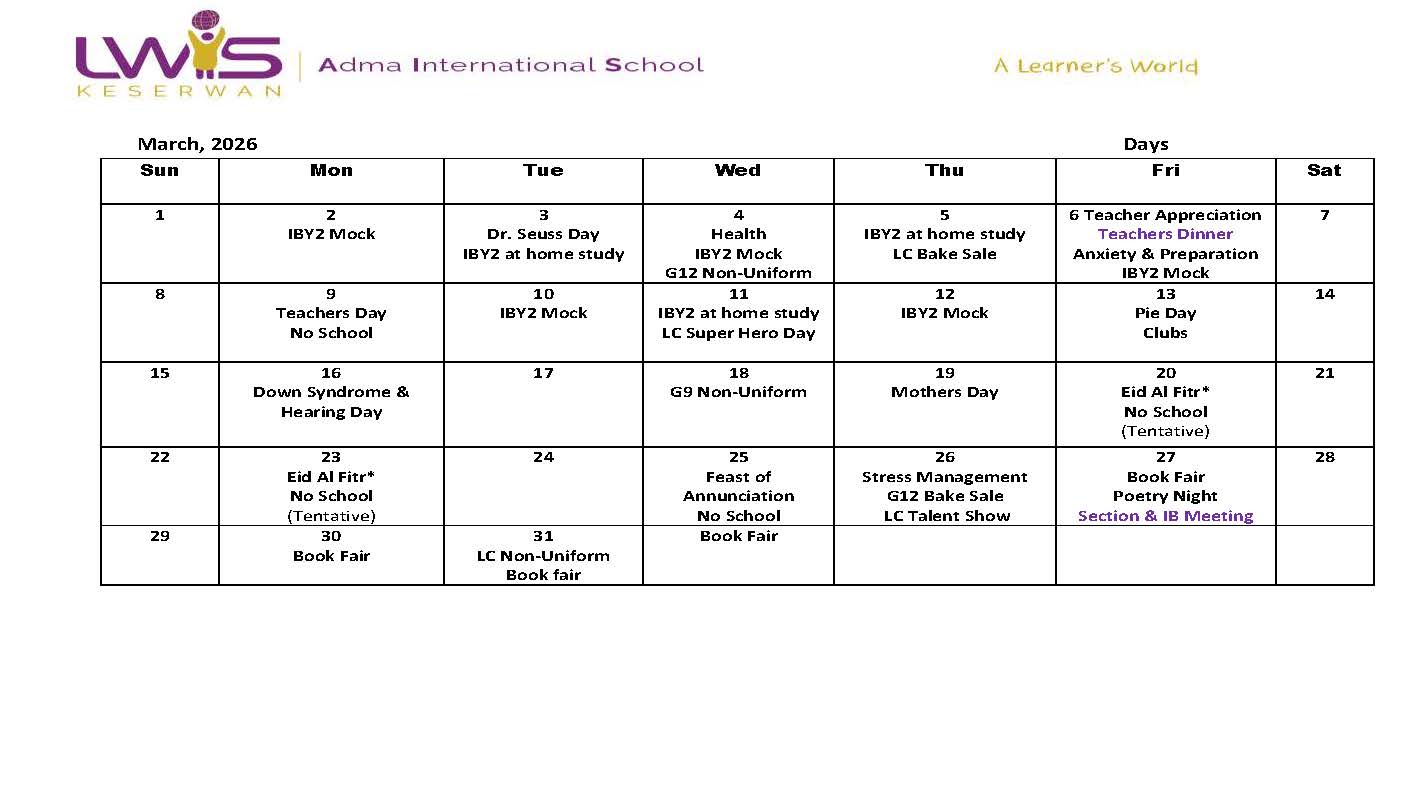 Monthly Calendar - LWIS-AiS